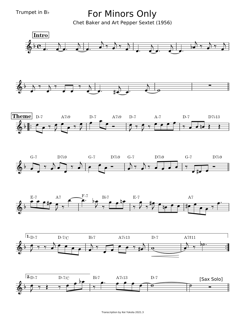 For Minors Only - Chet Baker Sheet Music for Trumpet in b-flat (Solo) | MuseScore.com