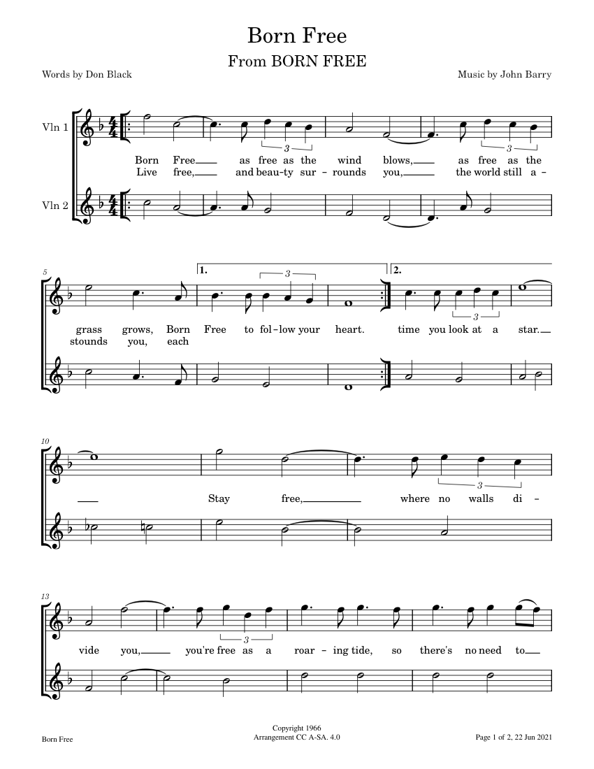 Born Free Sheet music for Violin (String Duet) | Musescore.com