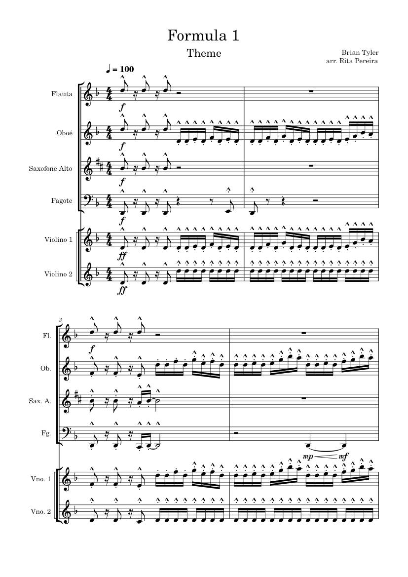 Formula 1 Theme – Brian Tyler (arr. by Rita Pereira) Sheet Music for Flute, Oboe, Bassoon ...