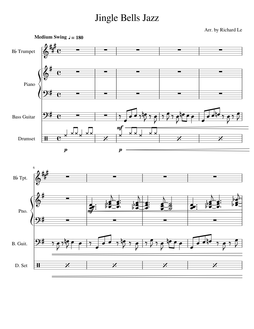 Jingle Bells Jazz Sheet Music for Piano, Trumpet in b-flat, Bass guitar ...