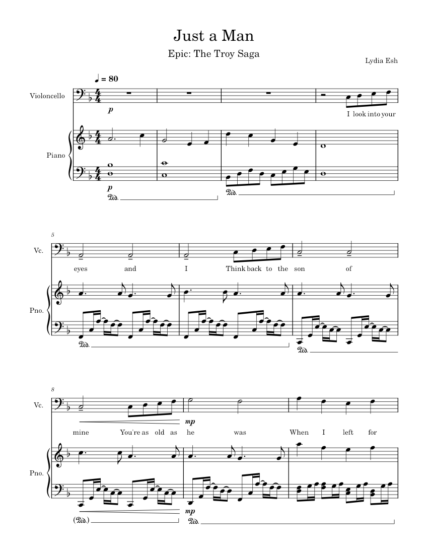 Epic: The Troy Saga- Just a Man Sheet music for Piano, Cello (Mixed ...