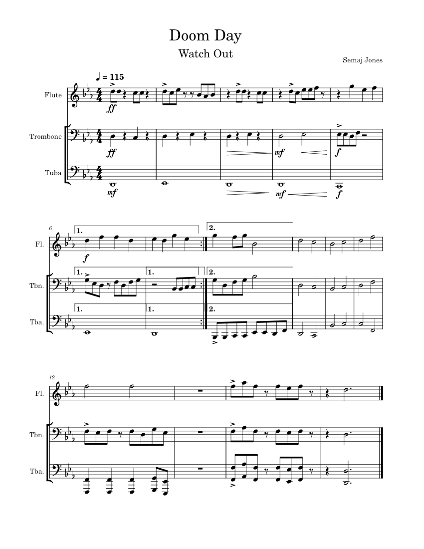 Doom Day| Arranged by Semaj Jones Sheet music for Trombone, Tuba, Flute ...