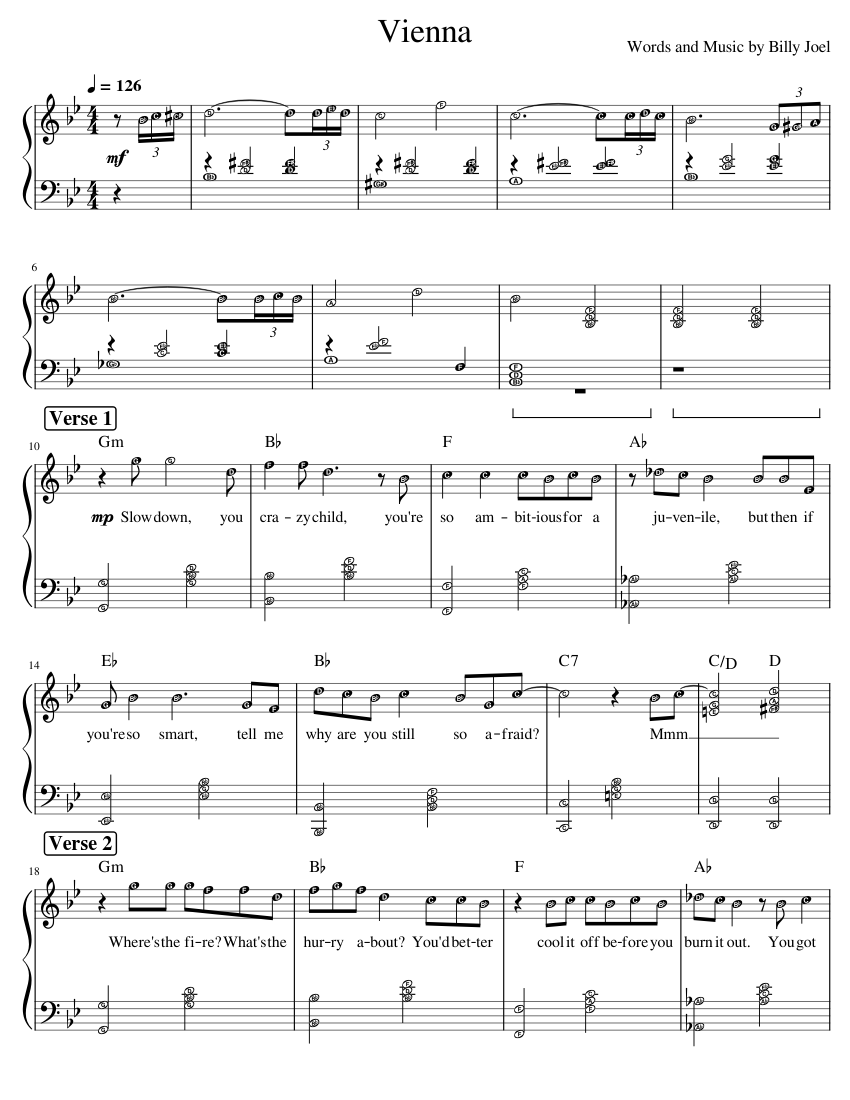 Vienna - Intro Verse Chorus - Billy Joel - Melody Chord - 2 hands ...