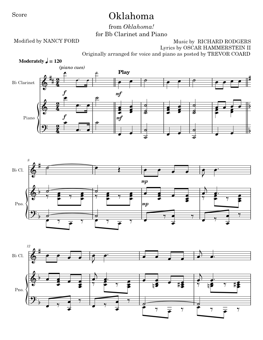 Oklahoma! – Rodgers and Hammerstein (Bb Clarinet and Piano) Sheet music for Piano, Clarinet in b ...