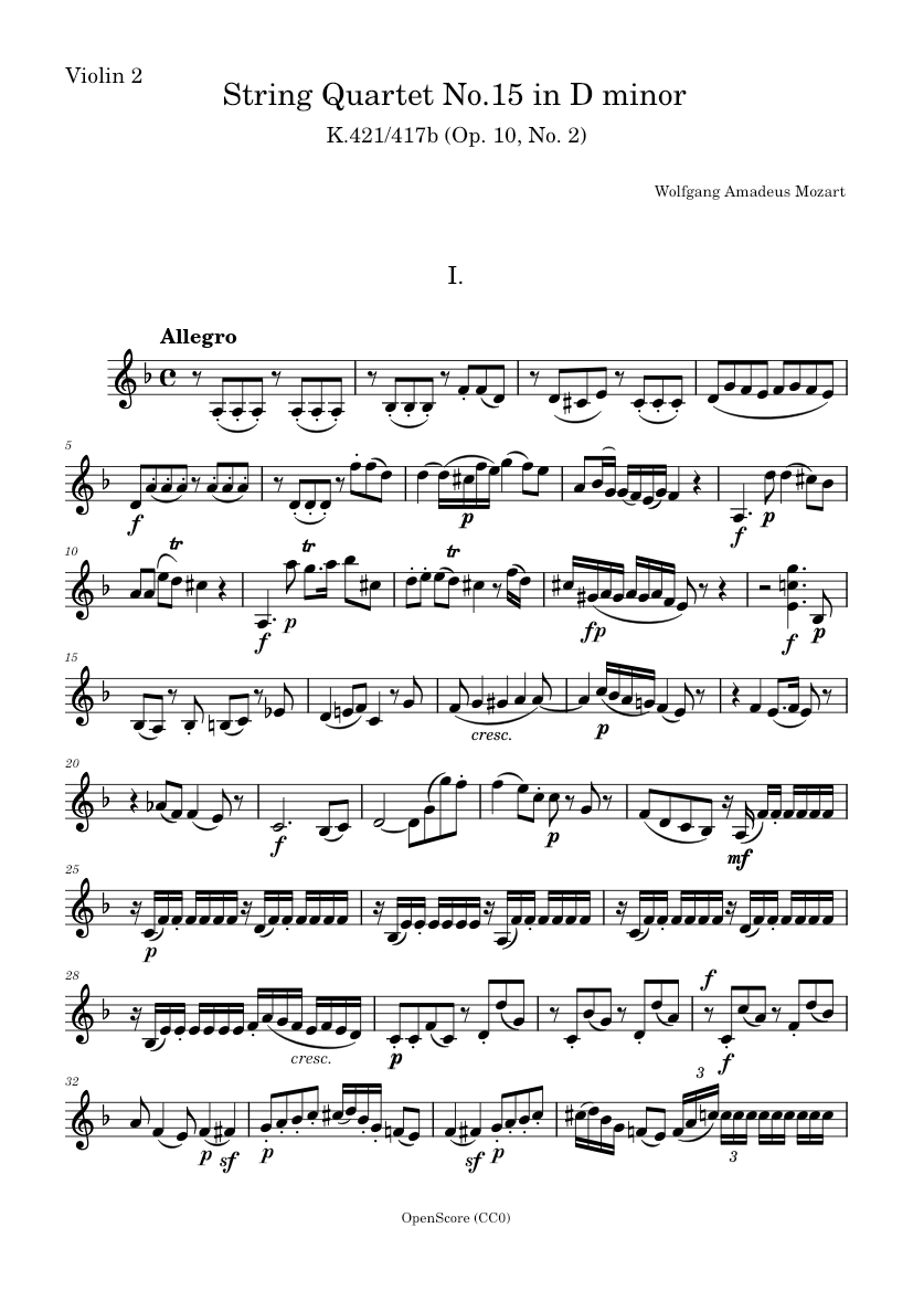 Mozart, Wolfgang Amadeus, String Quartet No.15 in D Minor, K421/417b, (Op.10, No.2) - Violin 2 ...