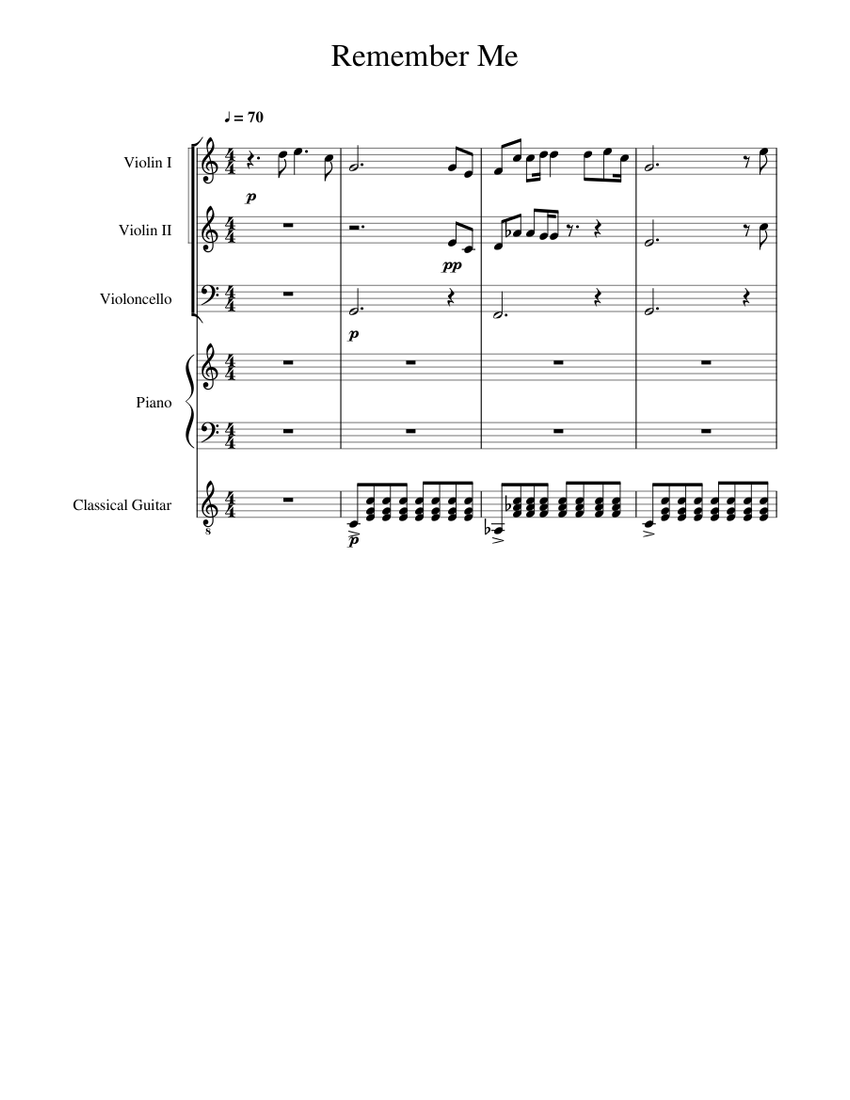 Remember Me Sheet music for Piano, Violin, Cello, Guitar (Mixed Quintet ...