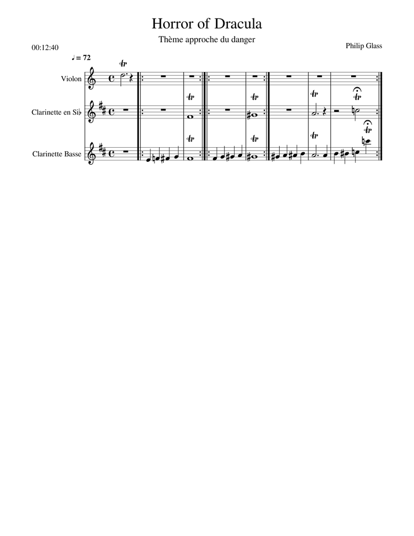 Horror of Dracula Th me approche du danger Sheet music for Clarinet in ...
