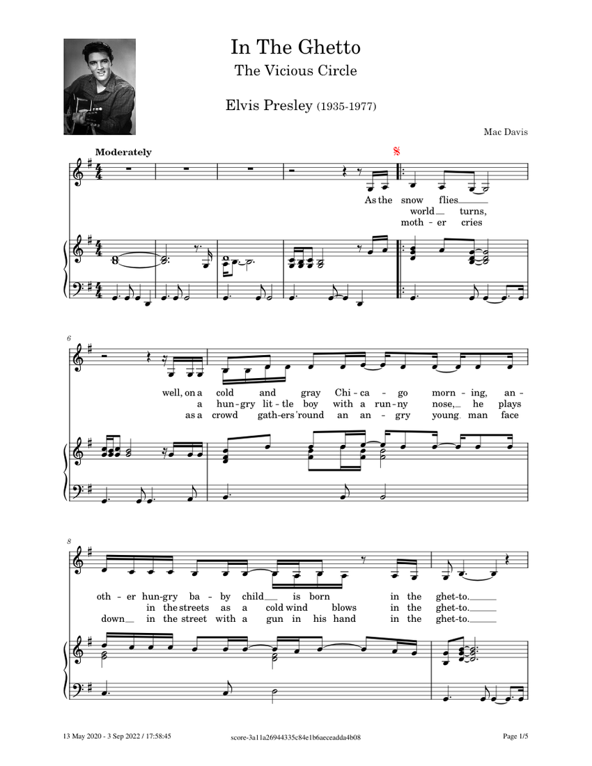 In the ghetto – Elvis Presley Sheet music for Piano, Alto (Piano-Voice ...