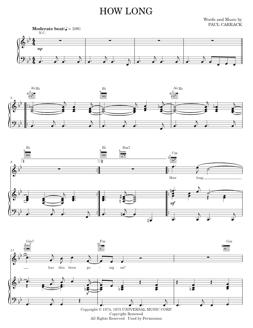 Play Official version of How long Sheet Music by Ace for Piano, Vocals ...