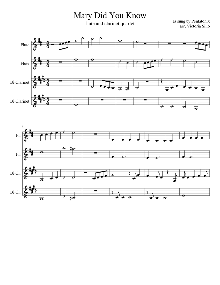 Mary Did You Know (flute and clarinet quartet) Sheet Music for Flute ...