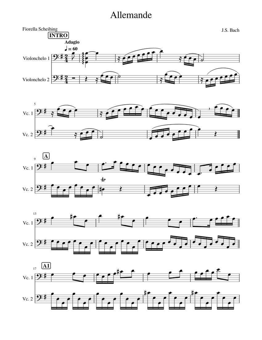 Allemande Sheet music for Cello (String Duet) | Musescore.com