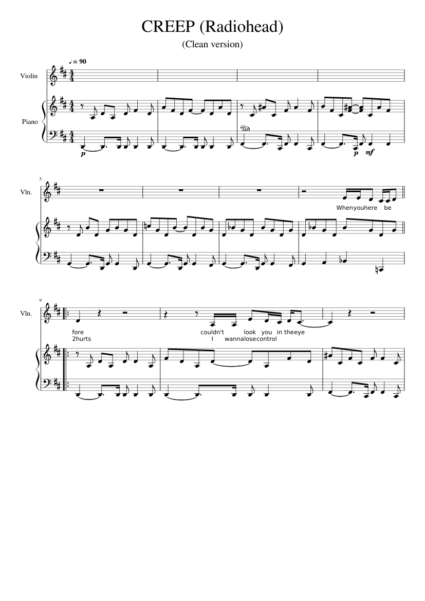 Creep Clean Version - Key of D Sheet music for Piano, Violin (Solo ...