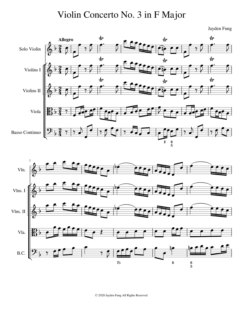 [OLD AND HORRIBLY WRITTEN] Violin Concerto No. 3 in F Major Sheet music for Violin, Viola, Cello ...