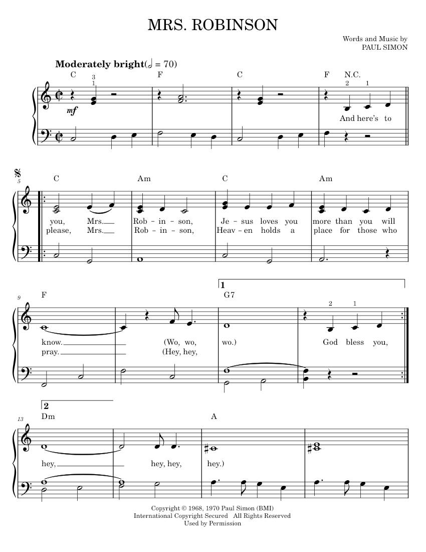 Play Official version of Mrs. Robinson Sheet Music by Simon & Garfunkel ...