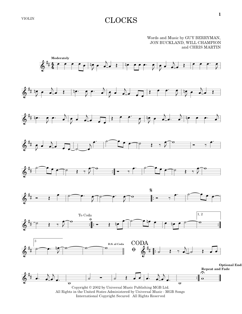 Play Official version of Clocks Sheet Music by Coldplay for Violin ...