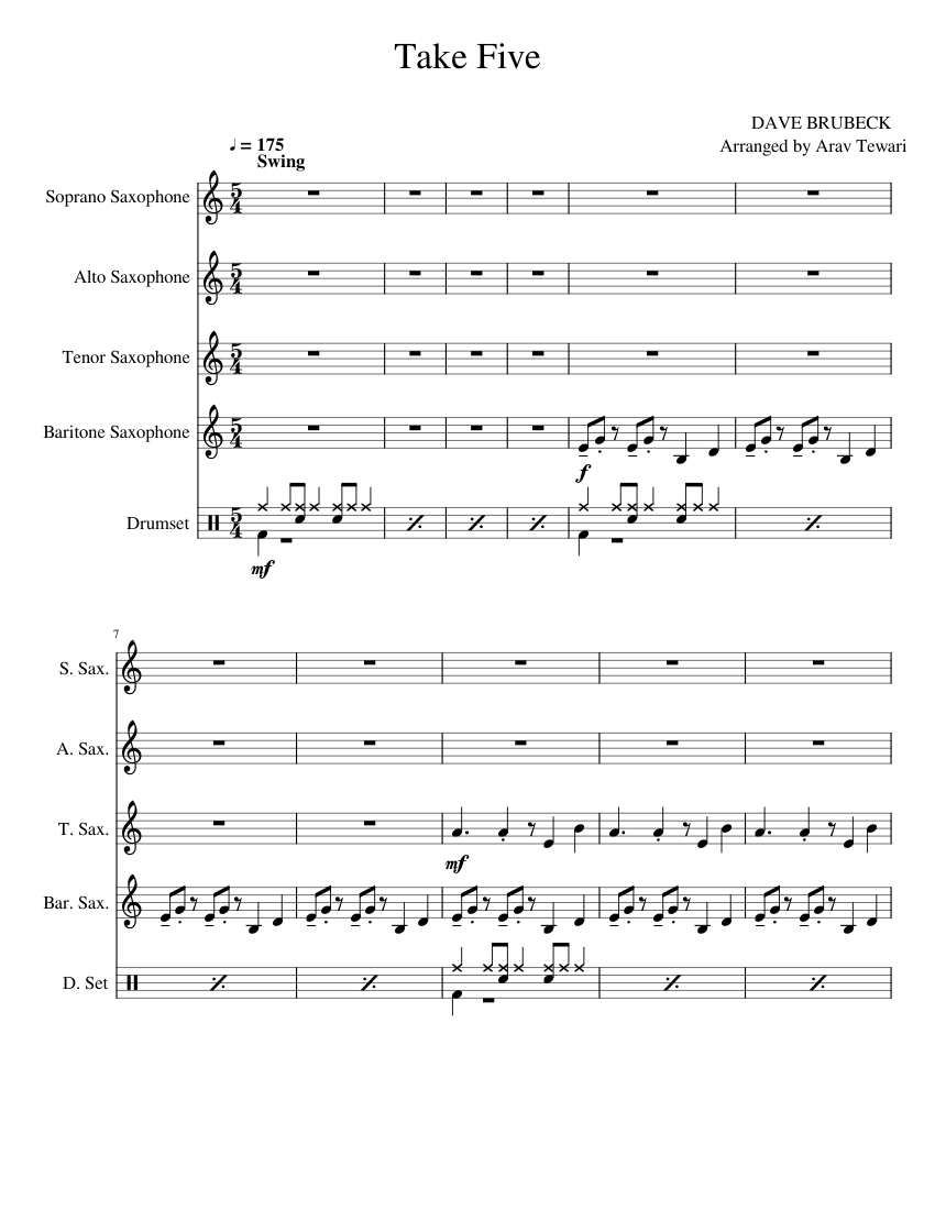 Take Five Sheet music for Saxophone alto, Saxophone tenor, Saxophone ...