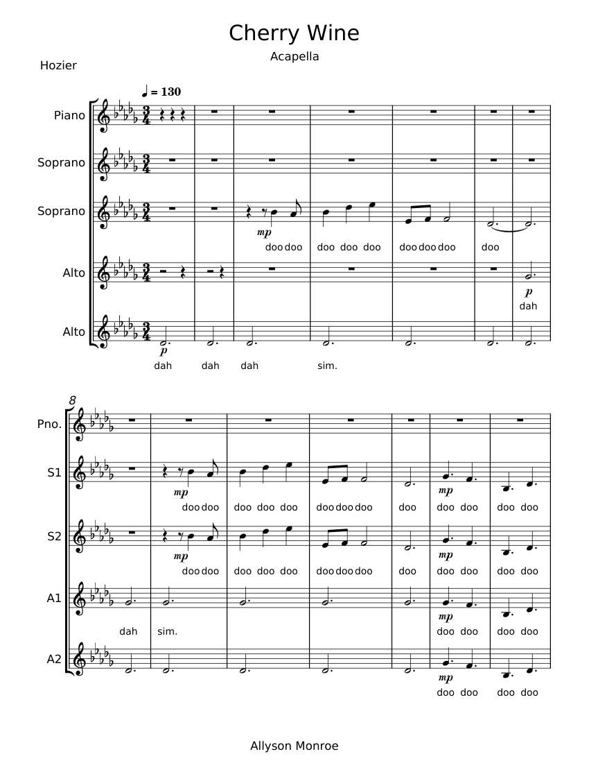 Cherry wine - Hozier Sheet music for Piano, Vocals (Mixed Quintet) | Musescore.com