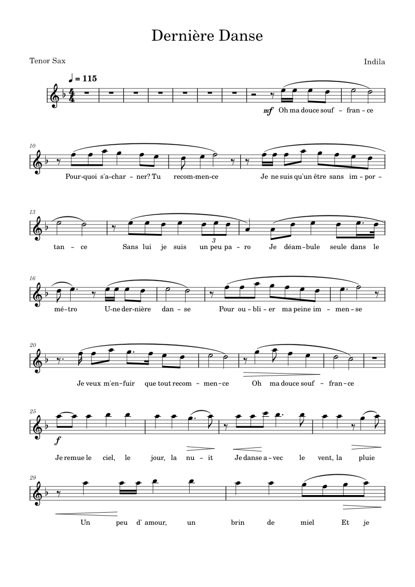 Dernière Danse – Indila (w/ Lyrics) Sheet music for Saxophone tenor (Solo) | Musescore.com