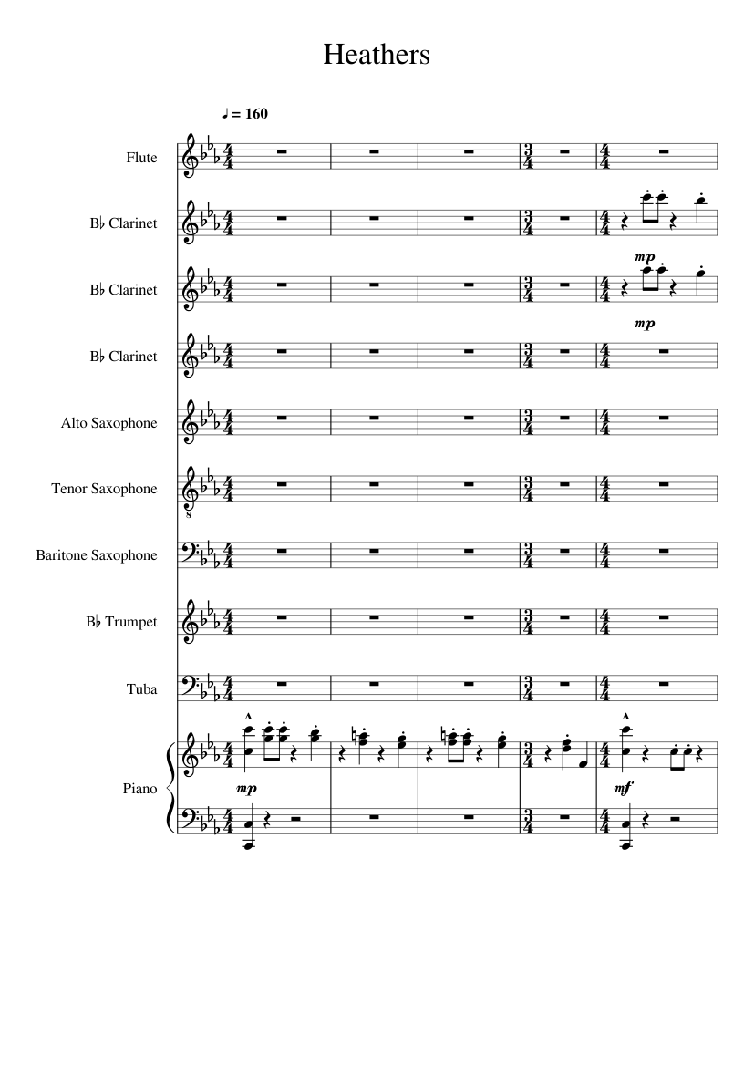 Heathers Concert Band Sheet Music for Piano, Tuba, Flute, Clarinet in b ...