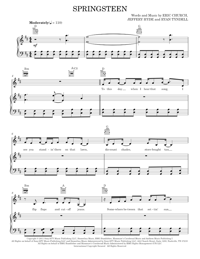 springsteen Sheet music for Piano, Vocals by Eric Church: Music Notes ...