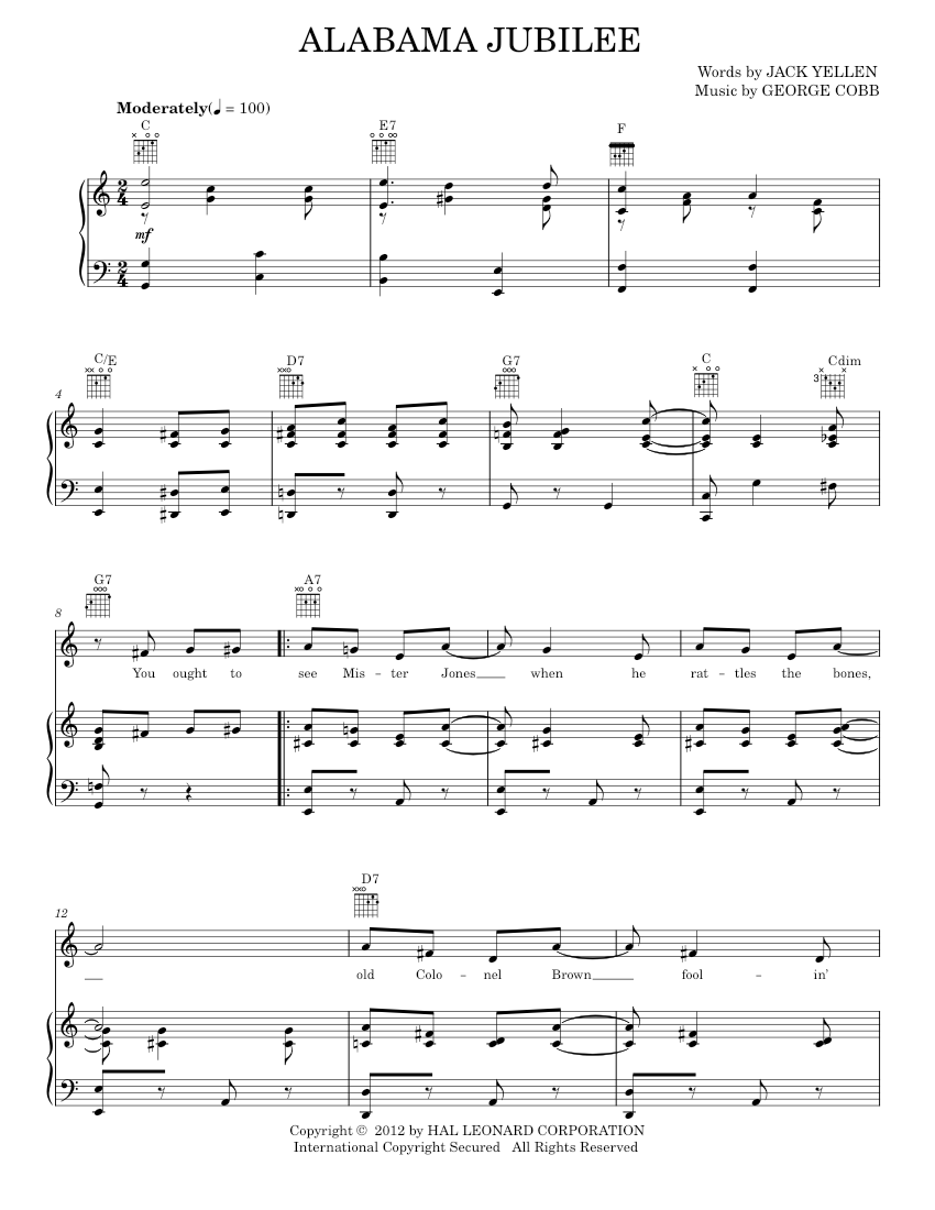 Alabama Jubilee Sheet music for Piano, Vocals by Chet Atkins, George L ...