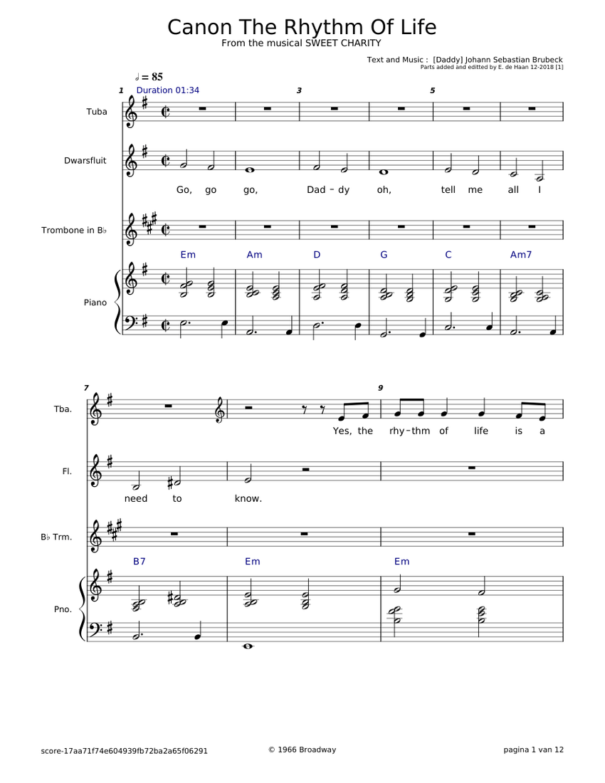 Canon The Rhythm Of Life Sheet music for Piano, Tuba, Flute, Trumpet in ...
