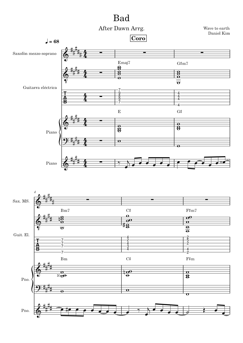 Bad – wave to earth (웨이브 투 어스) (E major) Sheet Music and Tab with ...