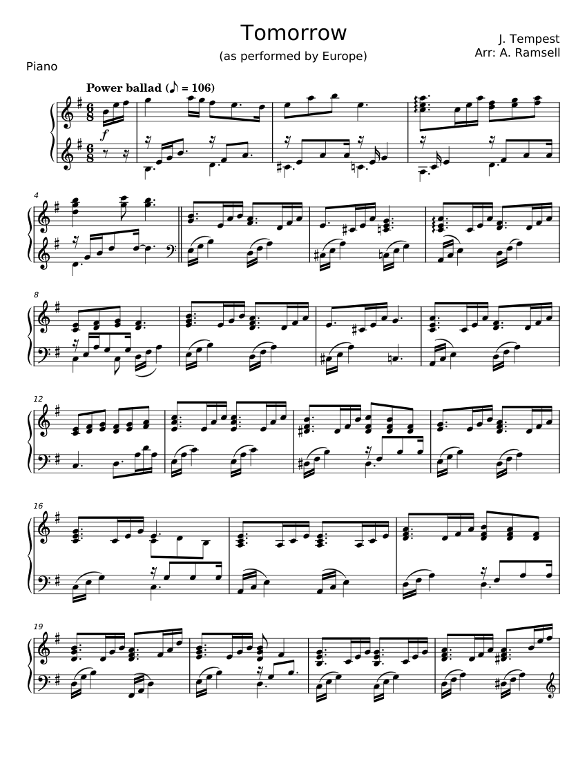 Tomorrow - Europe Sheet Music for Piano (Piano Duo) | MuseScore.com