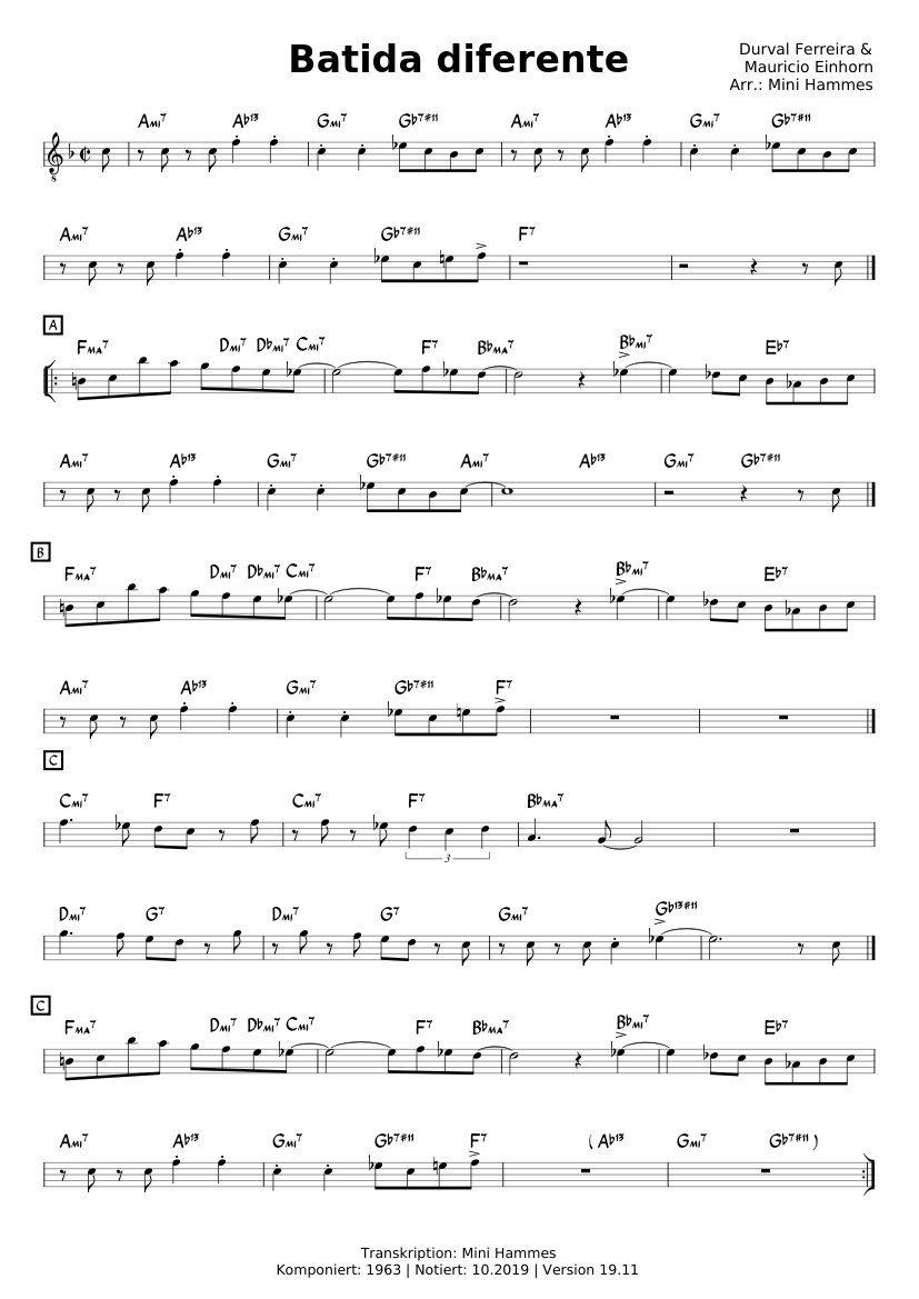 Durval Ferreira & Mauricio Einhorn - Batida diferente Sheet Music with Chords for Vibraphone ...