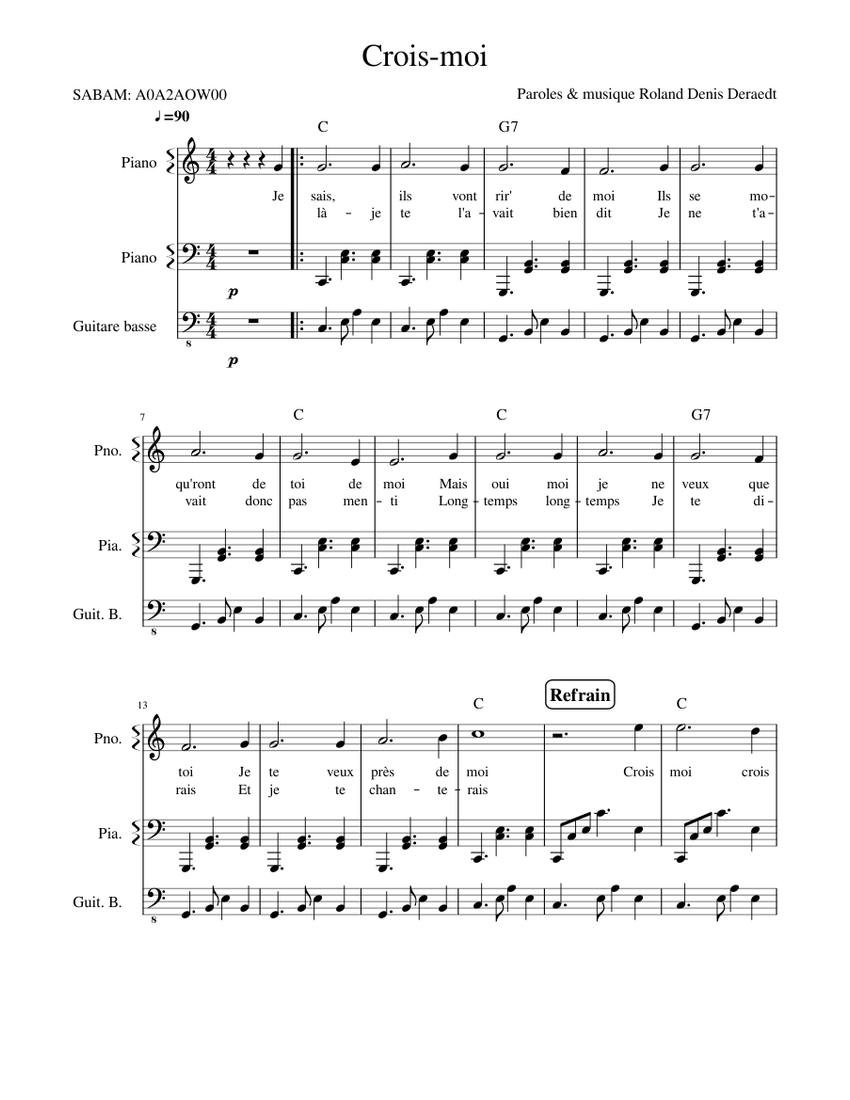 Crois-moi Sheet music for Piano, Bass guitar (Mixed Trio) | Musescore.com