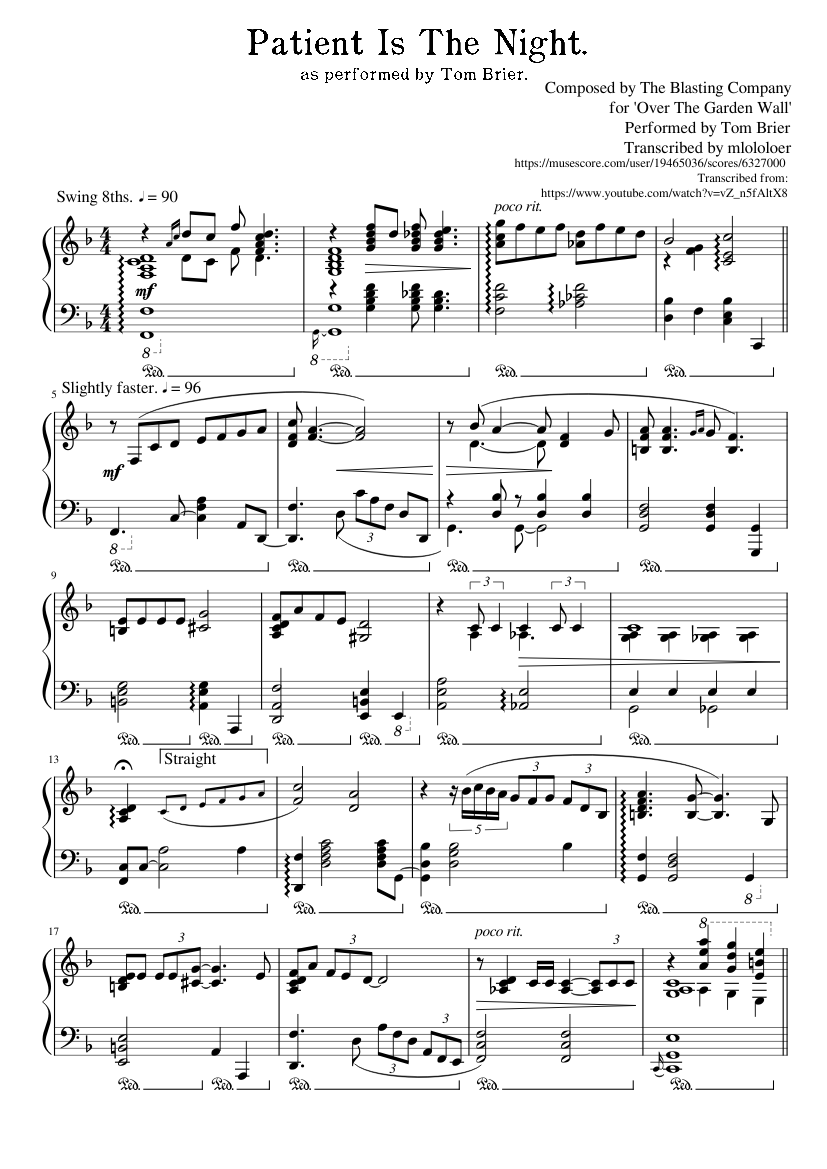 Patient Is The Night as played by Tom Brier Sheet Music for Piano (Solo) | MuseScore.com