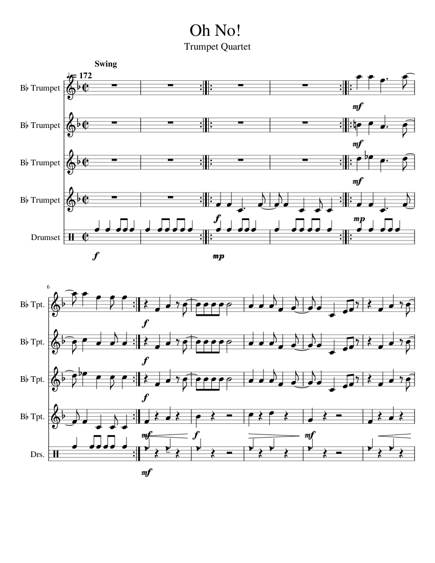 Oh No Trumpet Quartet Sheet music for Trumpet (In B Flat), Drum Group ...