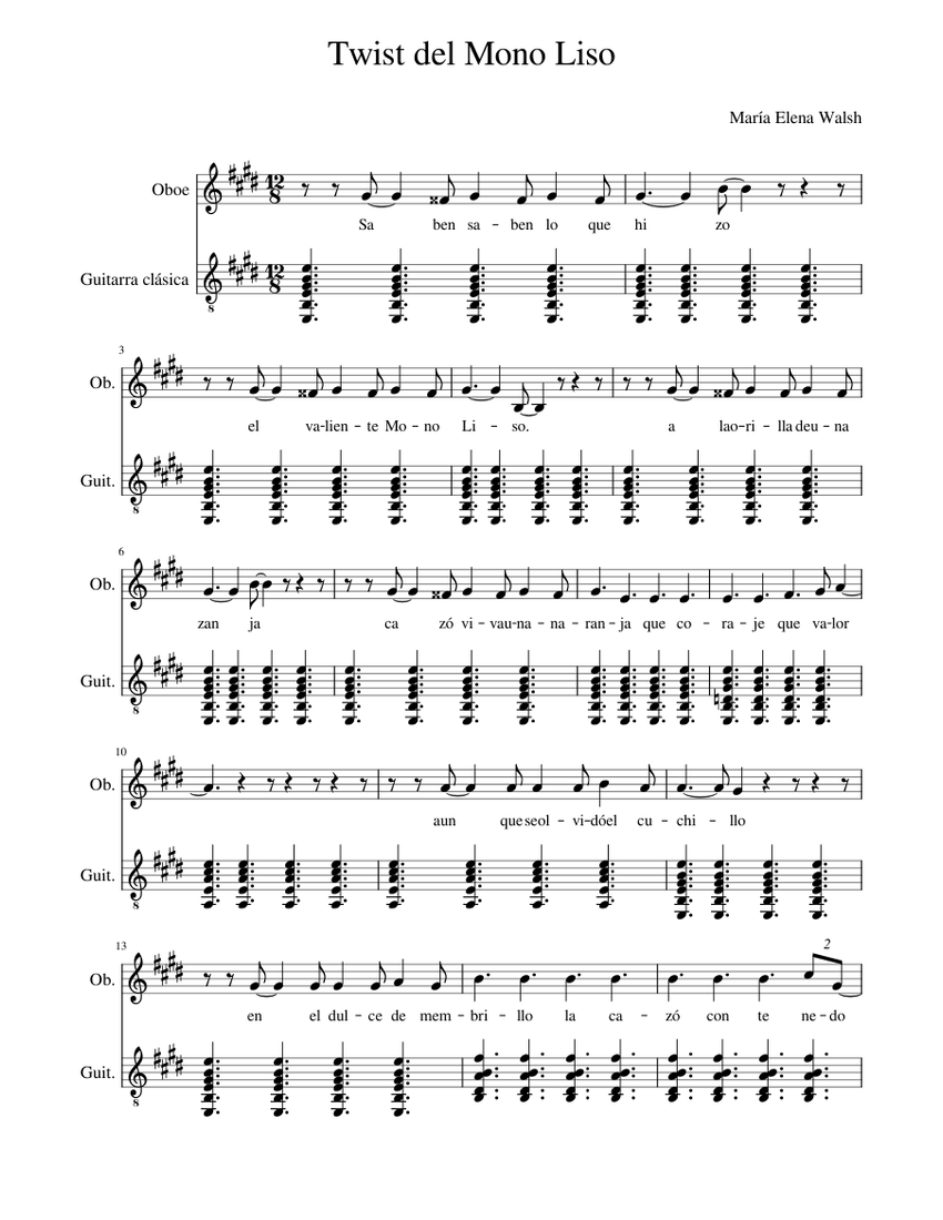 El twist del mono liso – María Elena Walsh Sheet music for Oboe, Guitar ...