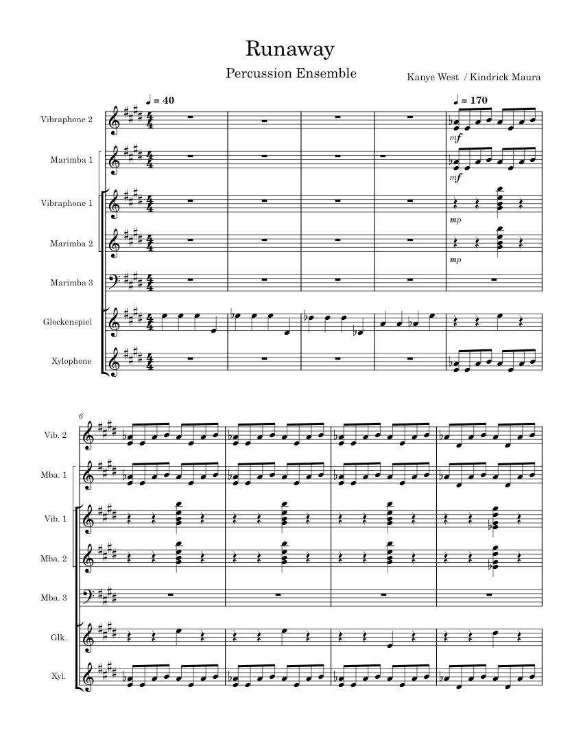 Runaway/ Kanye West Sheet music for Vibraphone, Glockenspiel, Marimba, Xylophone (Percussion ...