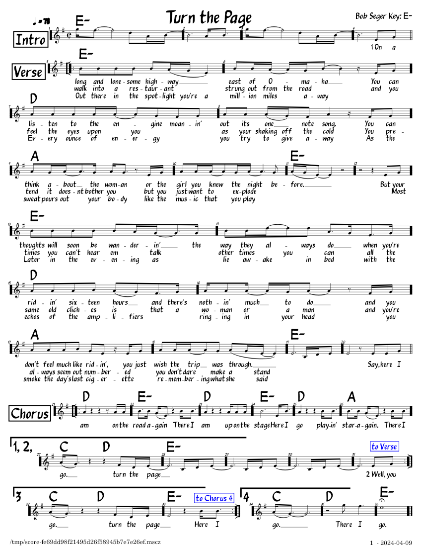 Turn The Page Sheet Music with Chords for Piano (Solo) Easy | MuseScore.com