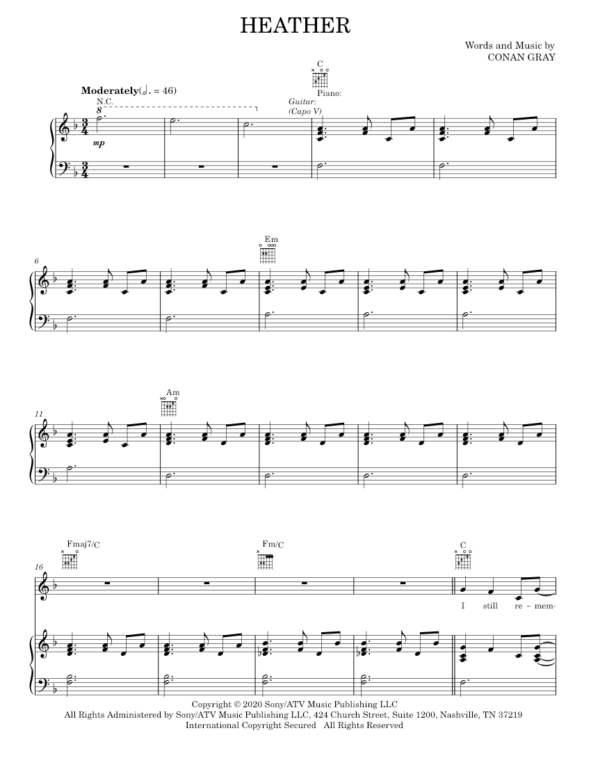 Play Official version of Heather Sheet Music by Conan Gray for Piano ...
