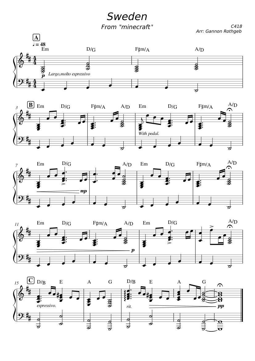 Sweden - Minecraft (For Piano) Sheet music for Piano (Solo) | Musescore.com