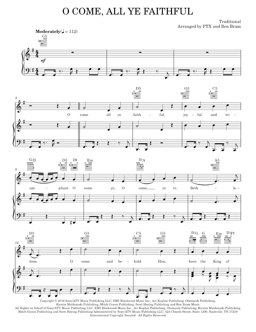 o come all ye faithful Sheet music for Piano, Vocals: Music Notes