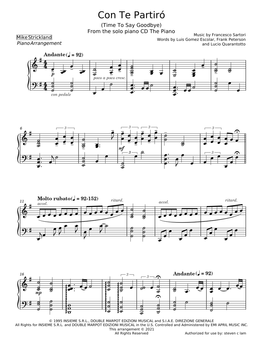 Con te partirô - Francesco Sartori Sheet music for Piano (Piano Duo ...