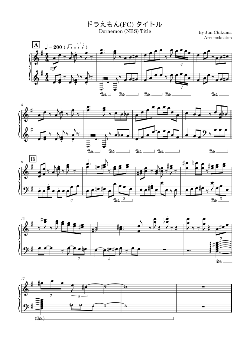 ドラえもん(FC) タイトル Doraemon (NES) Title – Jun Chikuma Sheet music for Piano ...