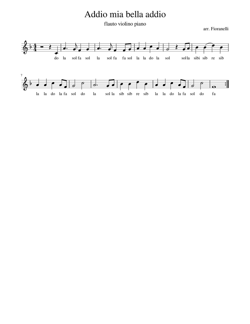Addio_nia_bella_addio note Sheet music for Piano (Solo) Easy | Musescore.com