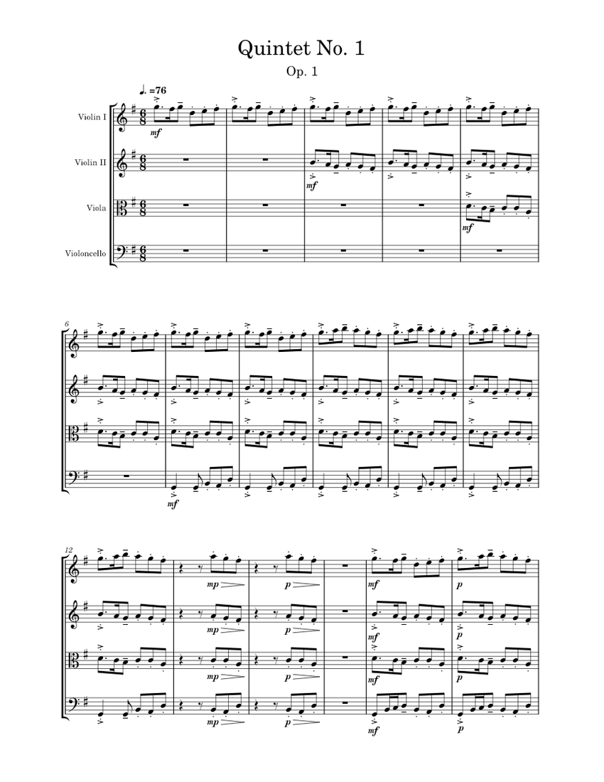 Quintet No. 1, Op. 1 Sheet music for Violin, Viola, Cello (String Quartet) | Musescore.com