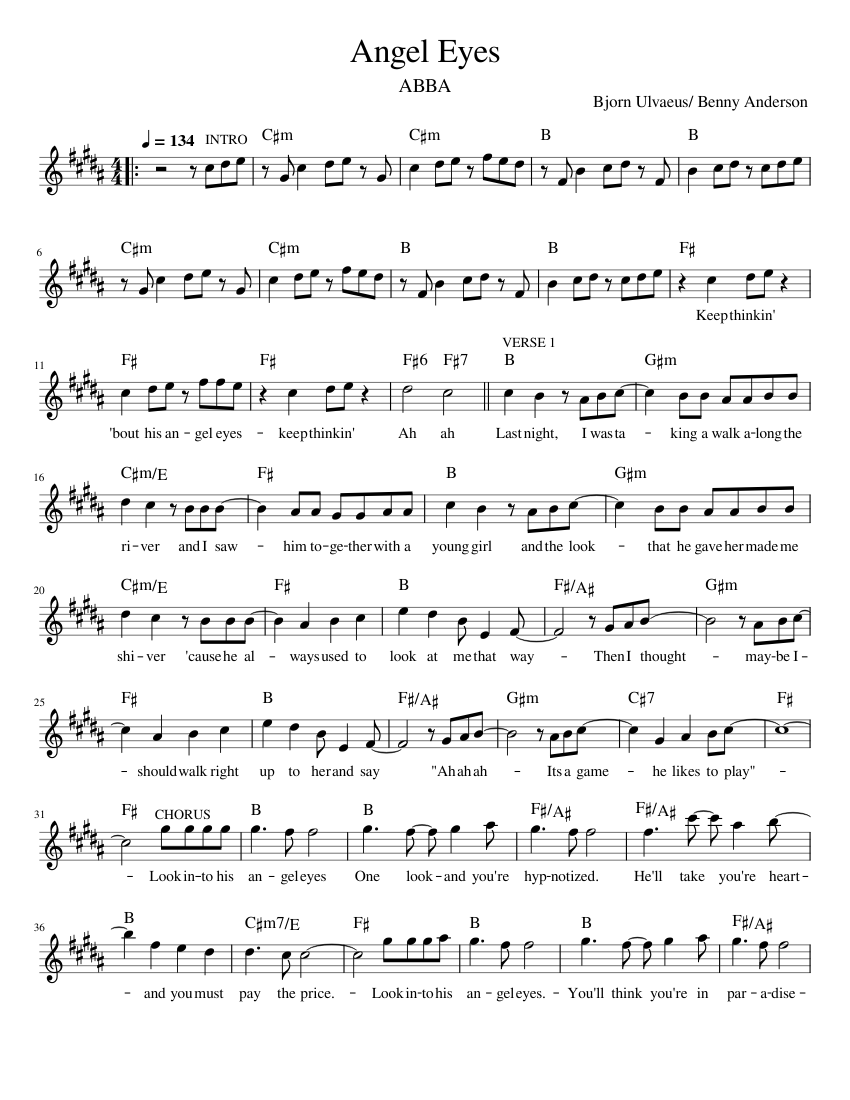 Angel Eyes – ABBA Angel Eyes (ABBA) Lead Sheet Sheet Music with Chords ...