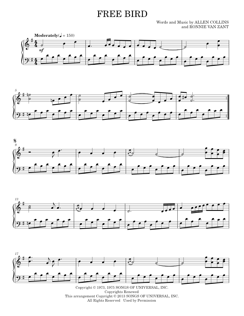 Play Official version of Free Bird Sheet Music by Lynyrd Skynyrd for ...