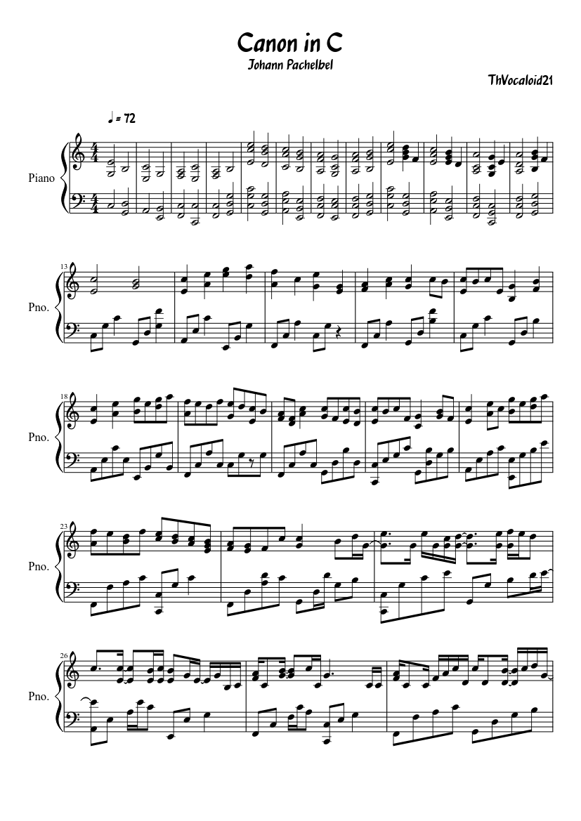 Canon in C Sheet Music for Piano (Solo) | MuseScore.com