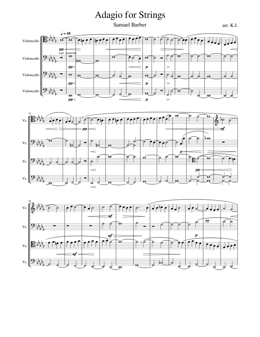 Adagio for Strings – Samuel Barber arr. by K.J. for Cello Quartet Sheet music for Cello (String ...