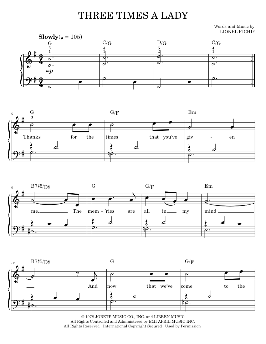 Play Official version of Three times a lady Sheet Music by Commodores ...
