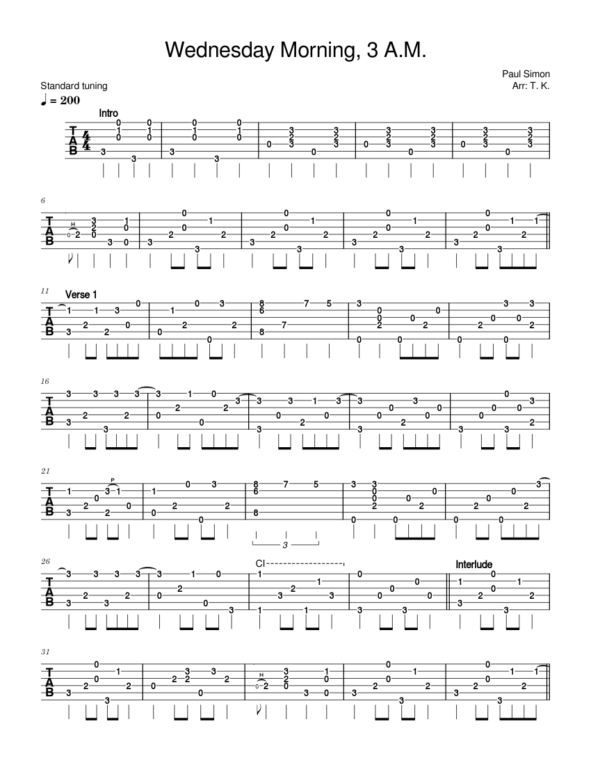 Wednesday Morning, 3 A.M. - Simon & Garfunkel Sheet Music and Tab for ...