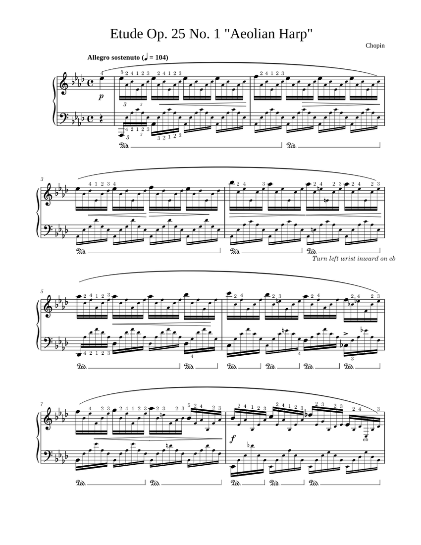 Chopin - Étude Op. 25 No. 1 with fingering (Aeolian Harp) Sheet music for Piano (Solo ...