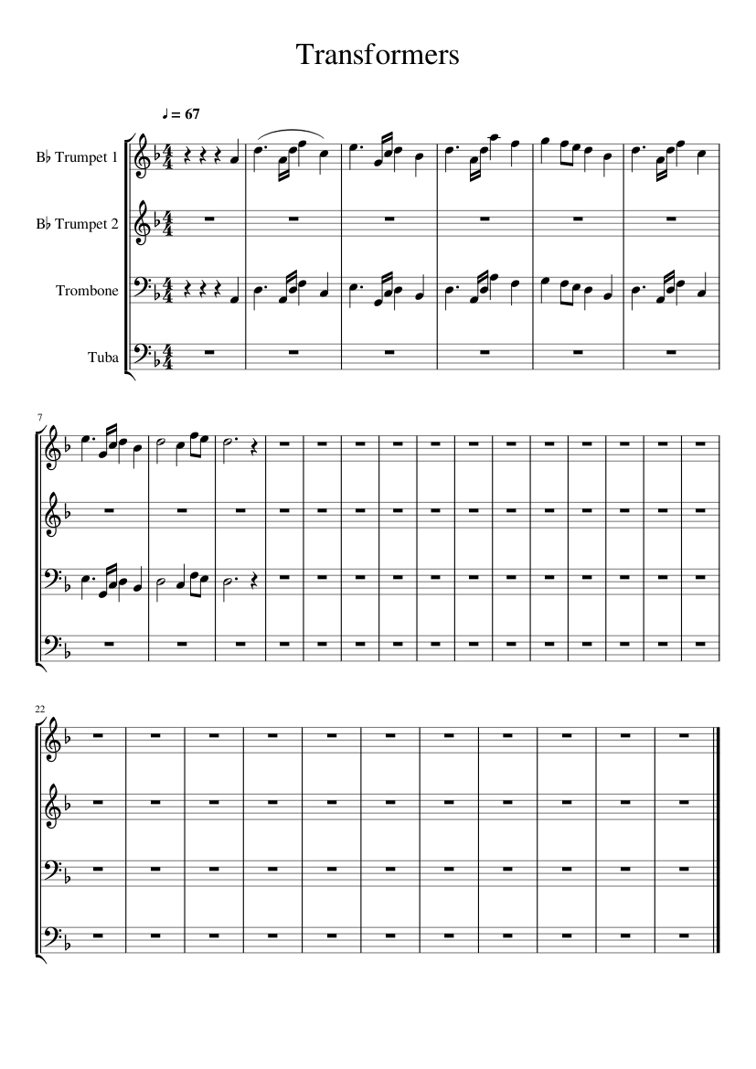Transformers Sheet music for Trombone, Tuba, Trumpet in b-flat (Mixed Quartet) | Musescore.com